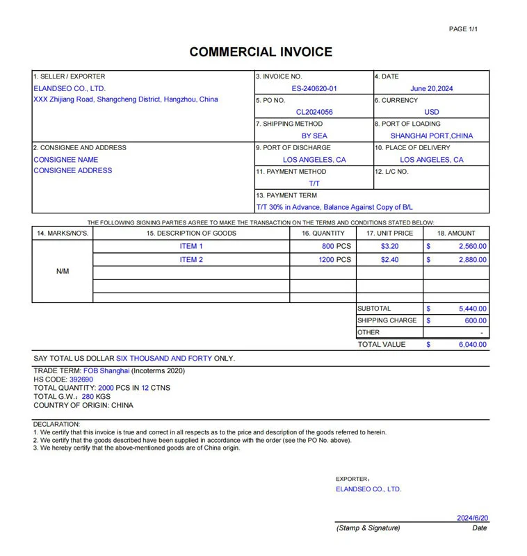 如何制作外贸商业发票：Commercial Invoice模板下载 - ElandSEO